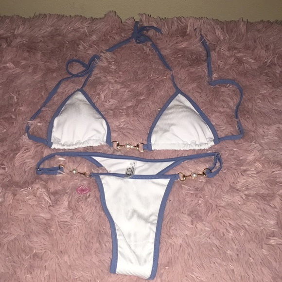 Swim | Nwt White And Blue Thong Tanga Bikini | Poshmark